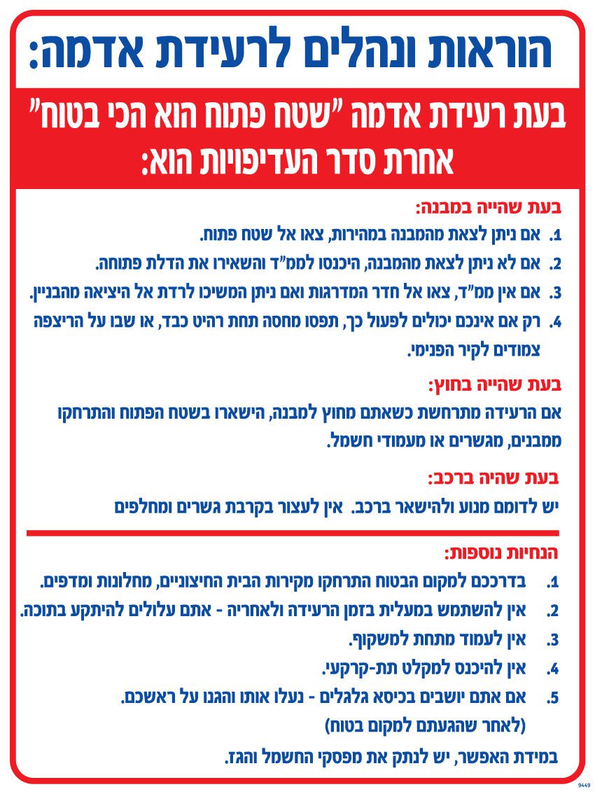 הוראות לרעידת אדמה 30 × 40 ס''מ | שלטי בטיחות | הלפרין - הדפסות ענק ...